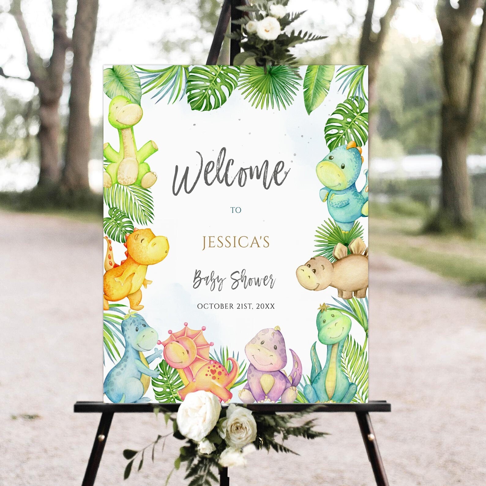 Dinosaur Baby Shower Welcome Sign, Greenery, Printable (digital ...