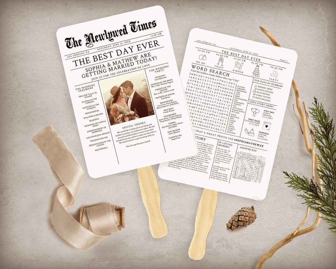 Newspaper Wedding Program Fan, Fan Program Template, Printable Wedding ...