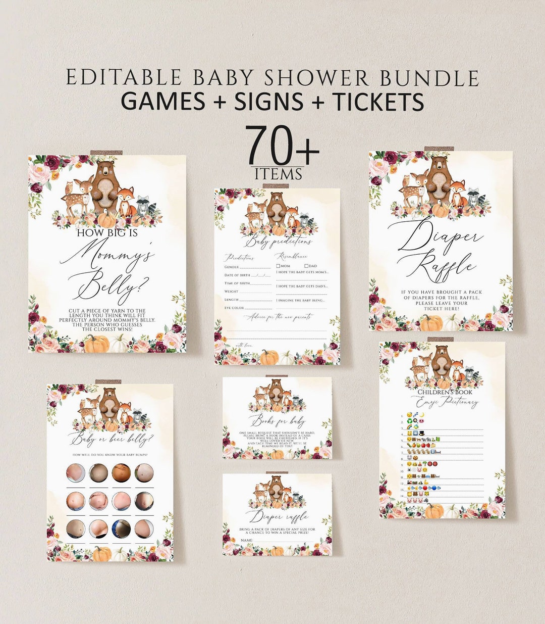 Editable Fall Pumpkin Woodland Baby Shower Games Bundle, Boy Woodland ...