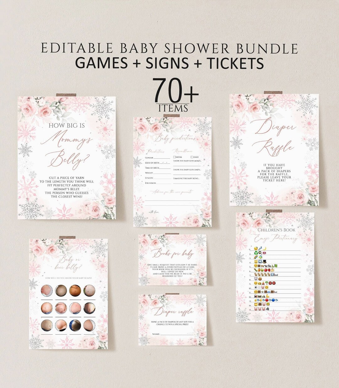 Girl Snowflake Baby Shower Game Bundle, Editable Signs (instant ...