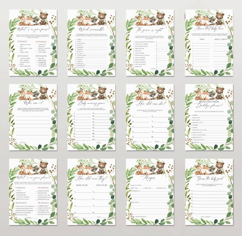 Woodland Baby Shower Games Bundle Woodland Animals Baby Shower | Etsy
