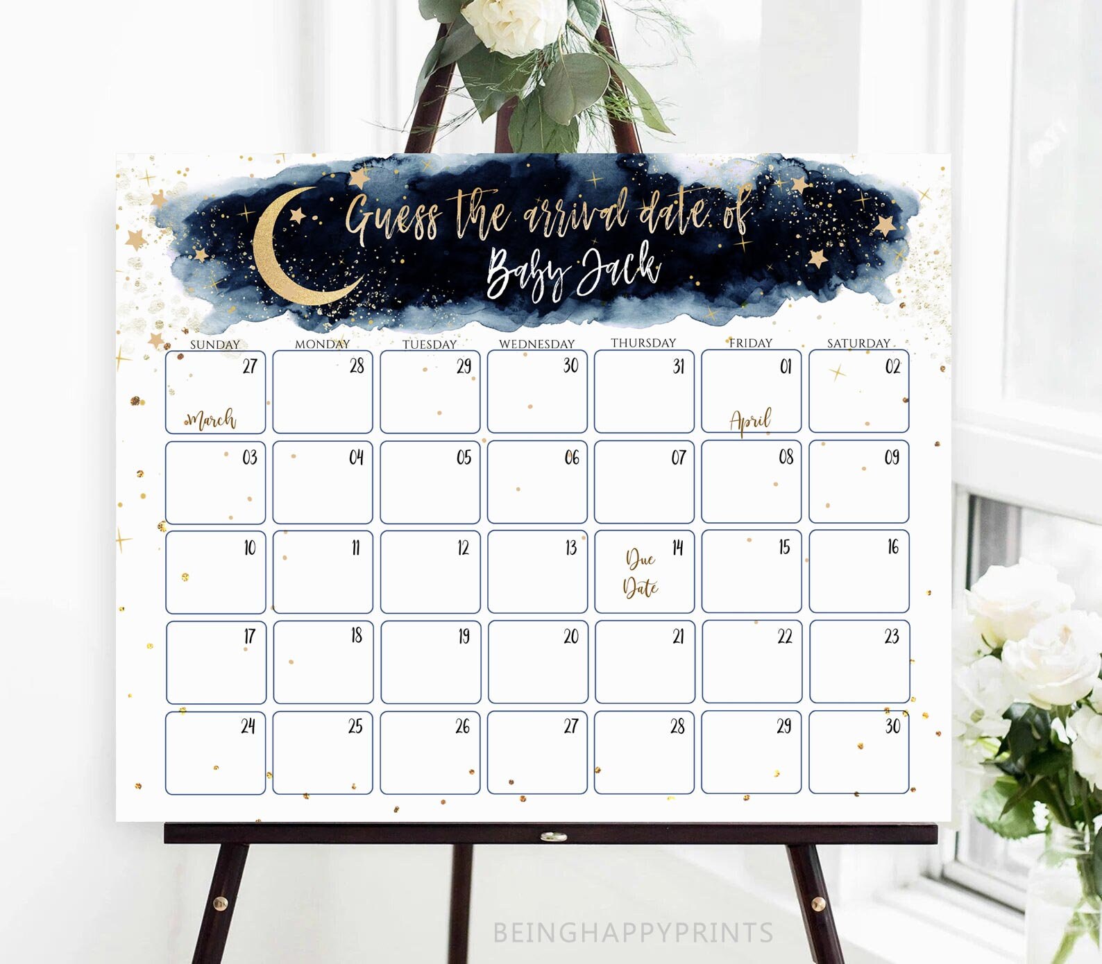 Over the Moon Baby Due Date Calendar, Guess Baby's Birthday, Twinkle ...