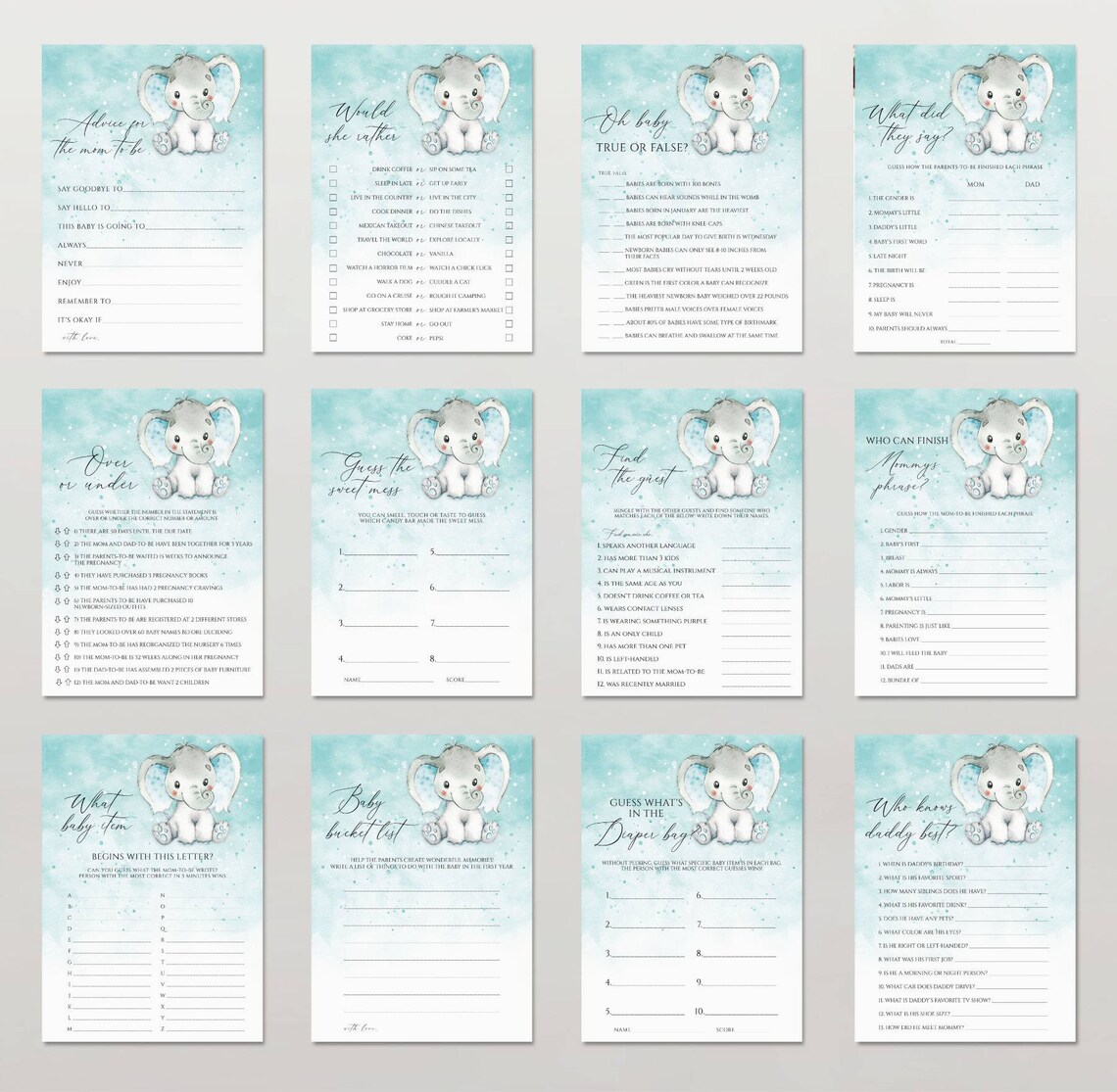 Blue Elephant Baby Shower Game Package, Printable Elephant Baby Shower ...