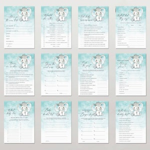 Blue Elephant Baby Shower Game Package, Printable Elephant Baby Shower ...