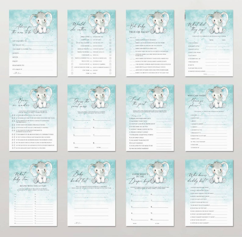 Blue Elephant Baby Shower Game Package Printable Elephant | Etsy