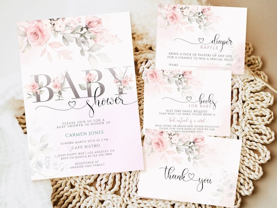 Pink Baby Shower Invitation Invitation Set Floral 5x7 Invite - Etsy