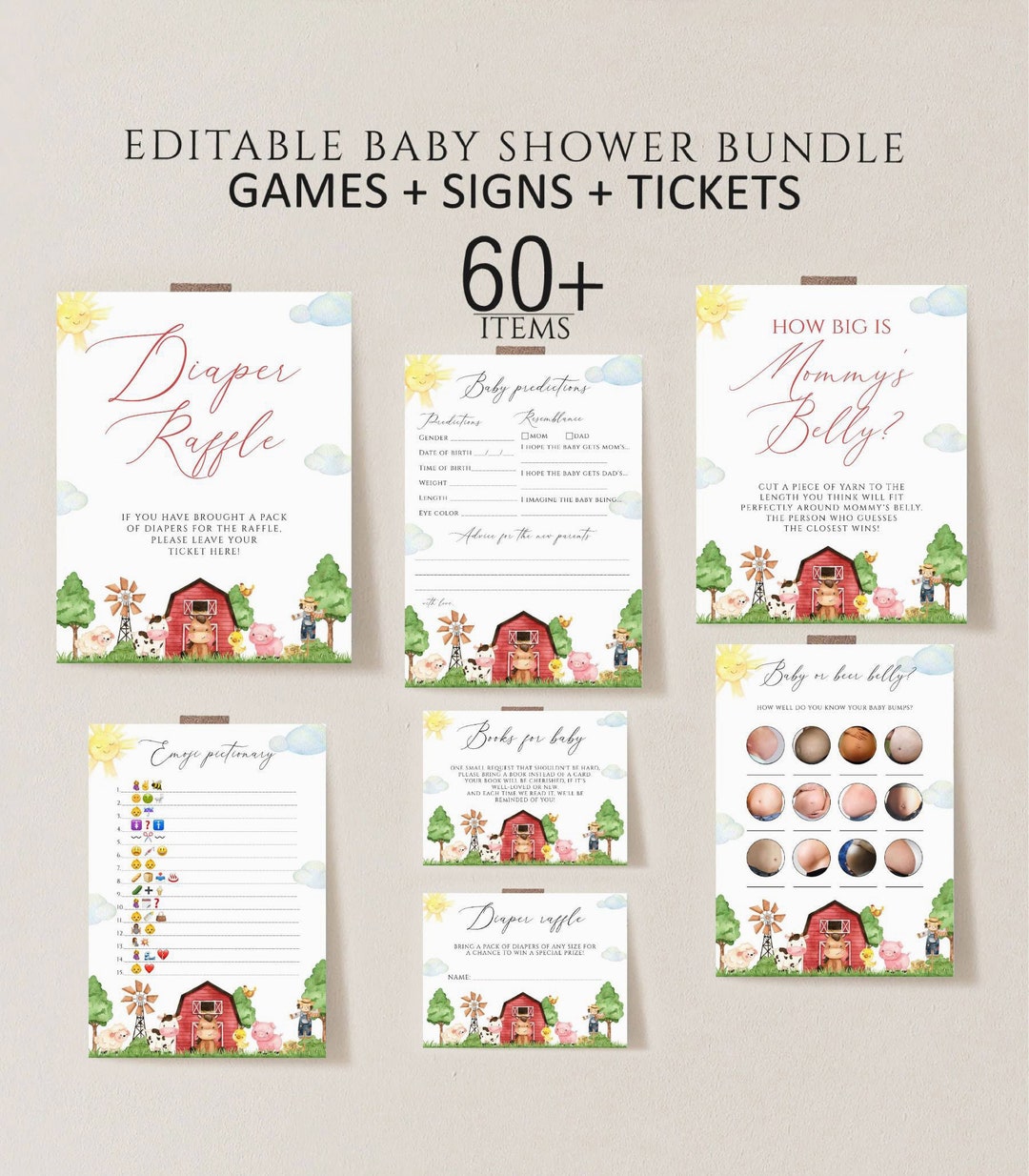 Farm Baby Shower Games, Barnyard Baby Shower Game Pack, Farm Animals ...