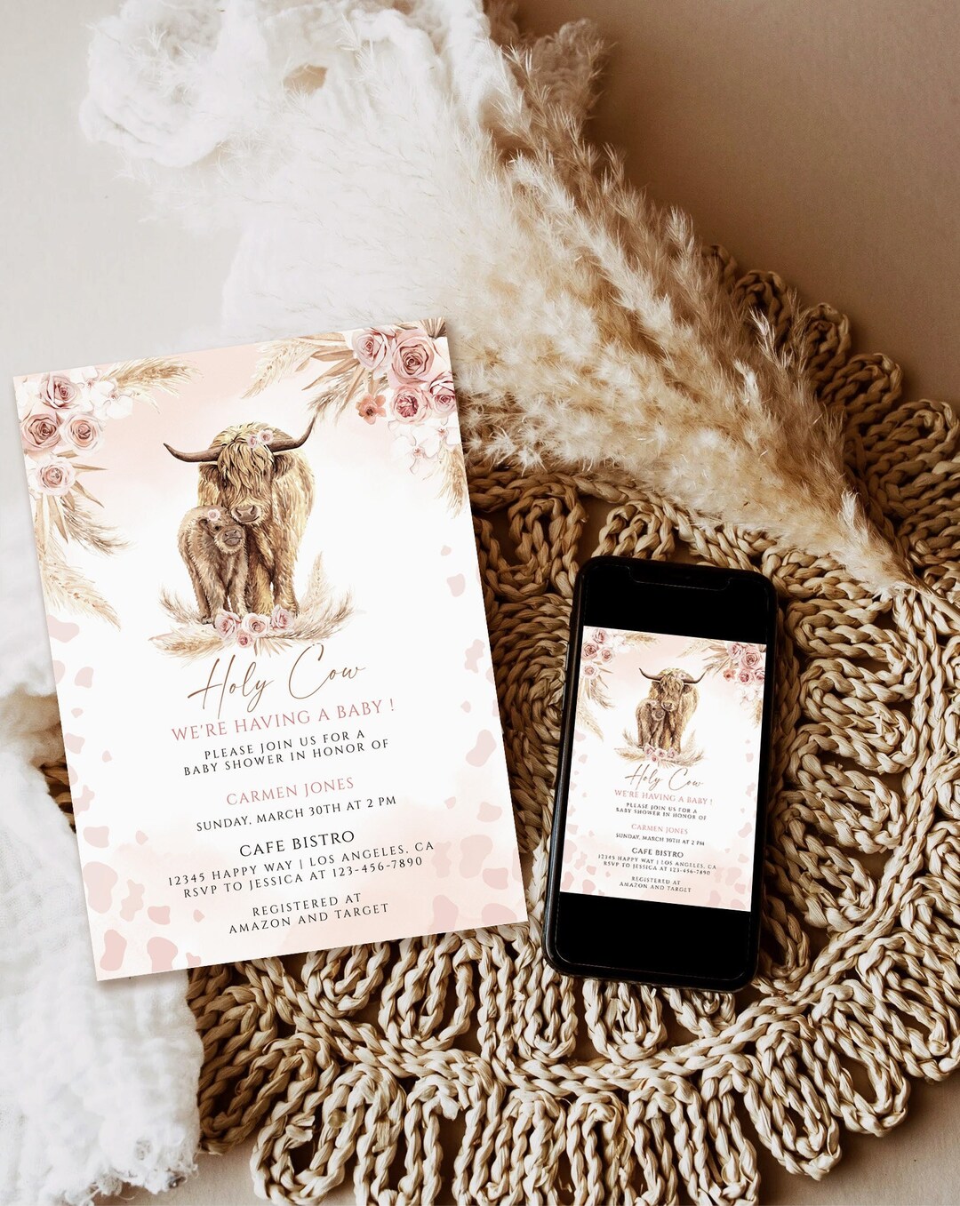 Boho Highland Cow Baby Shower Invitation, Holy Cow Invite and Inserts ...