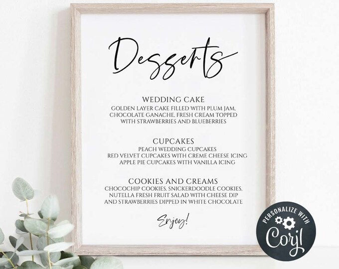 Dessert Menu Sign Calligraphy Desserts Sign Template - Etsy