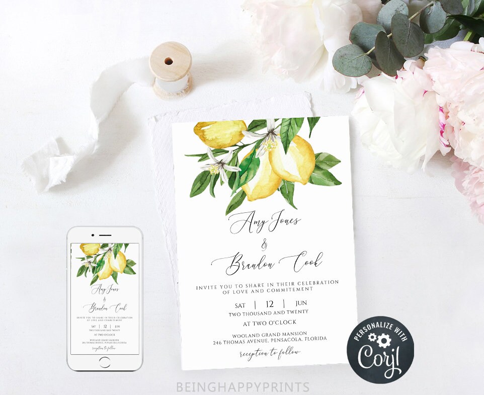 Citrus Lemon Wedding Invitation Set Summer Wedding Invite | Etsy