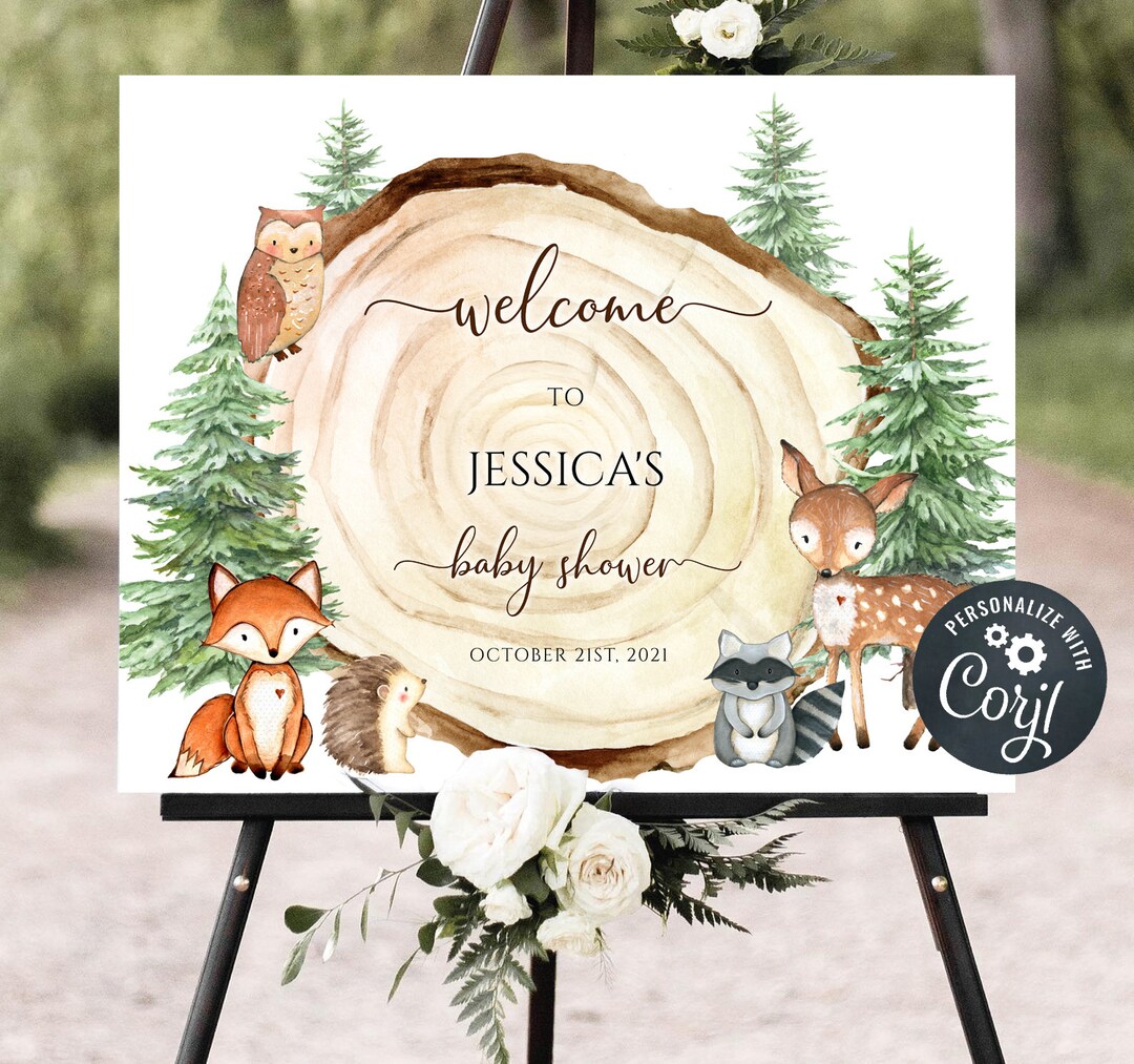 EDITABLE Greenery Woodland Baby Shower Welcome Sign, Rustic Forest ...