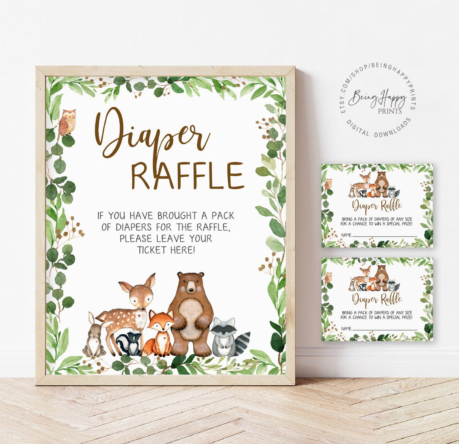 Diaper Raffle Tickets and Sign Woodland Diaper Raffle Sign and - Etsy