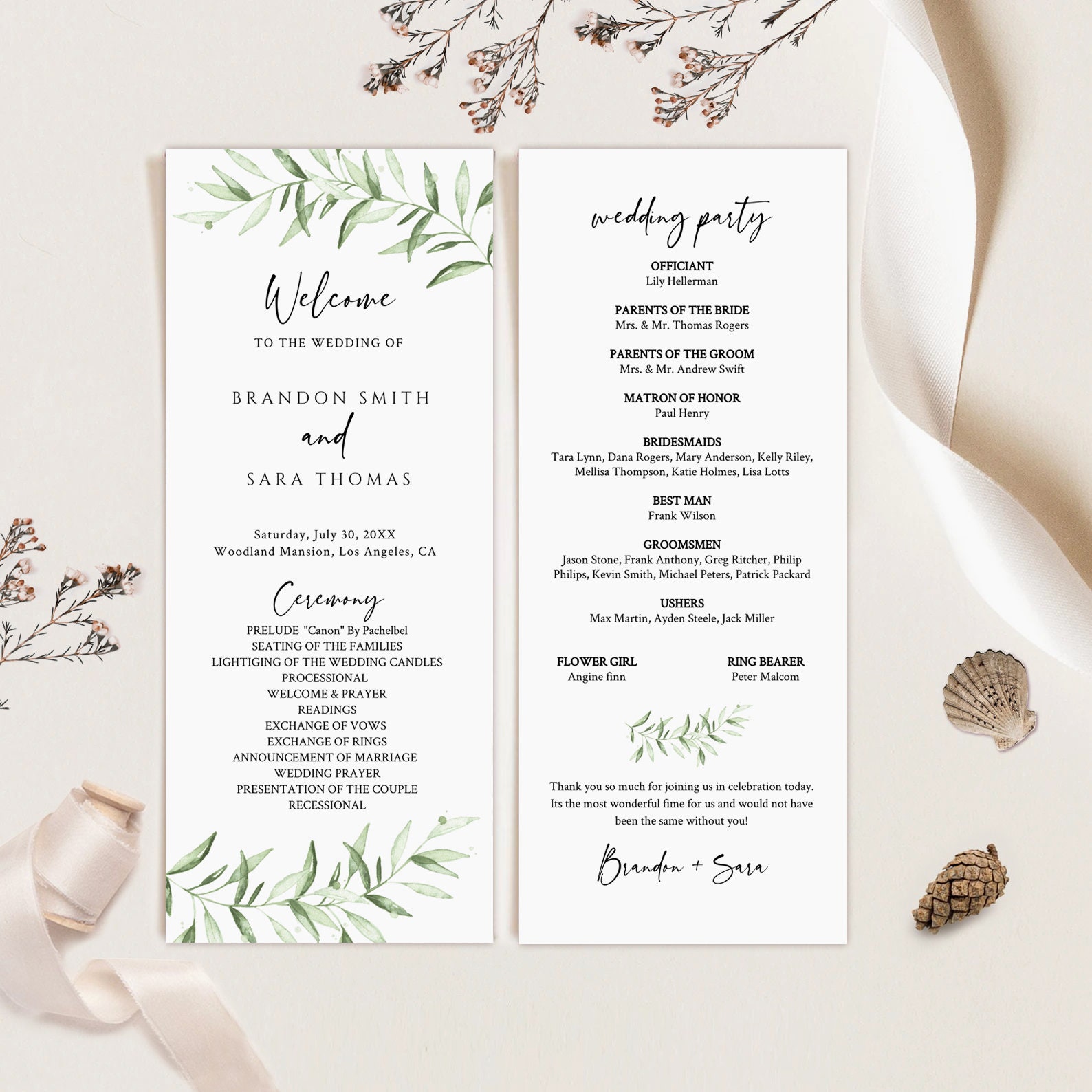 Minimalist Wedding Program Template Greenery Wedding Program | Etsy