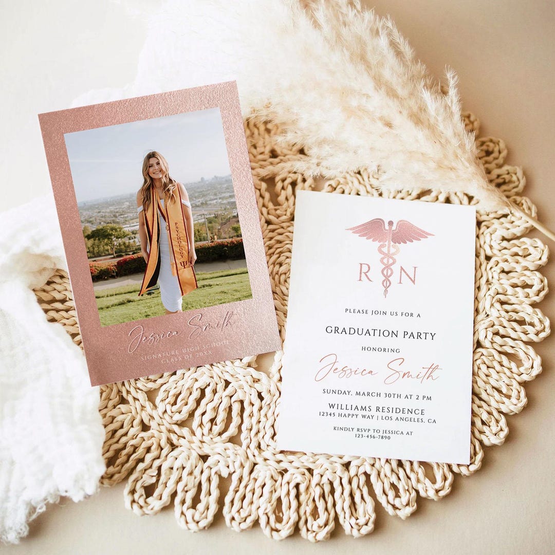 Nurse Graduation Invitation Template, Rose Gold Printable RN Graduation ...