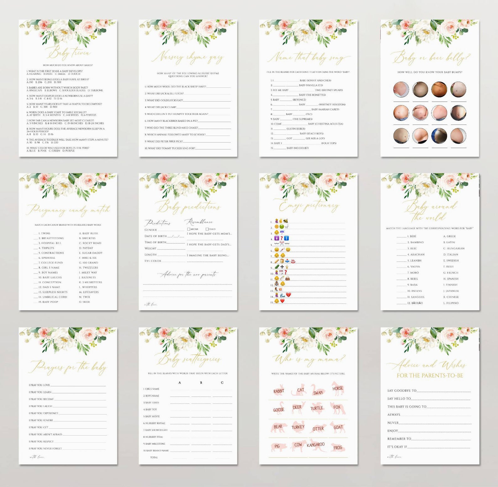 Floral Baby Shower Games, Floral Baby Shower Games Bundle, Baby Shower ...