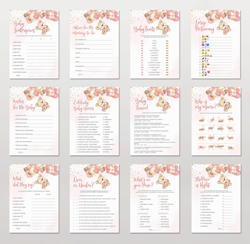 Teddy Bear Baby Shower Games, Girl Baby Shower Games Bundle, Pink ...