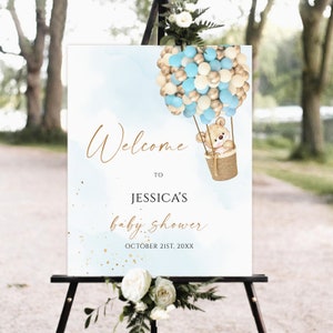 Blue Teddy Bear Baby Shower Welcome Sign, Blue Balloon Baby Shower ...