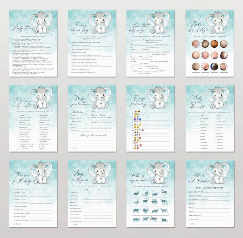 Blue Elephant Baby Shower Game Package Printable Elephant | Etsy