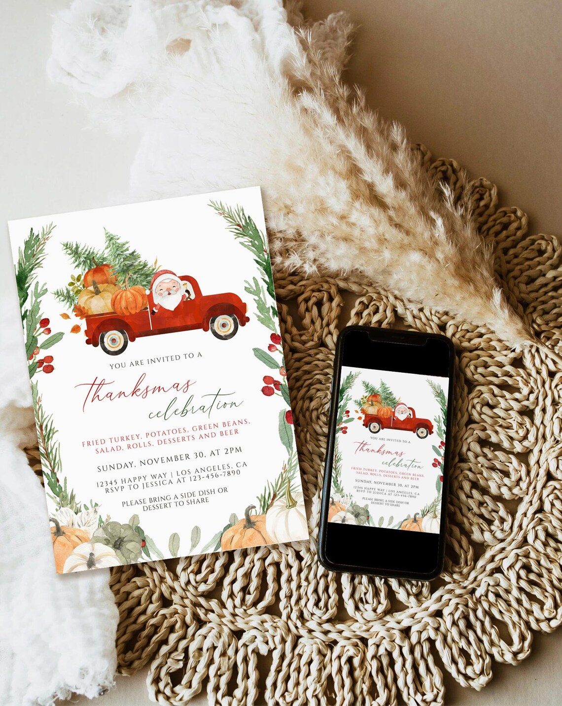 Thanksmas Party Invitation, Red Truck, Editable Template (digital ...
