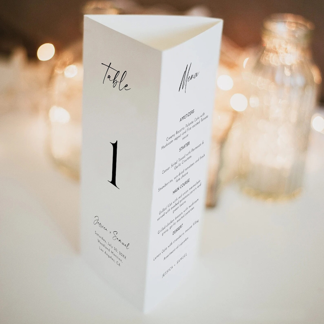 Minimalist Wedding Tri Fold Table Number, Trifold Table Menu, Triangle ...