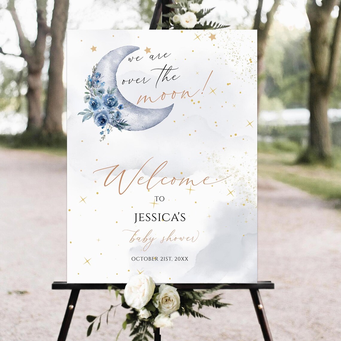 Over the Moon Baby Shower Welcome Sign, Blue Floral (printable) - Etsy