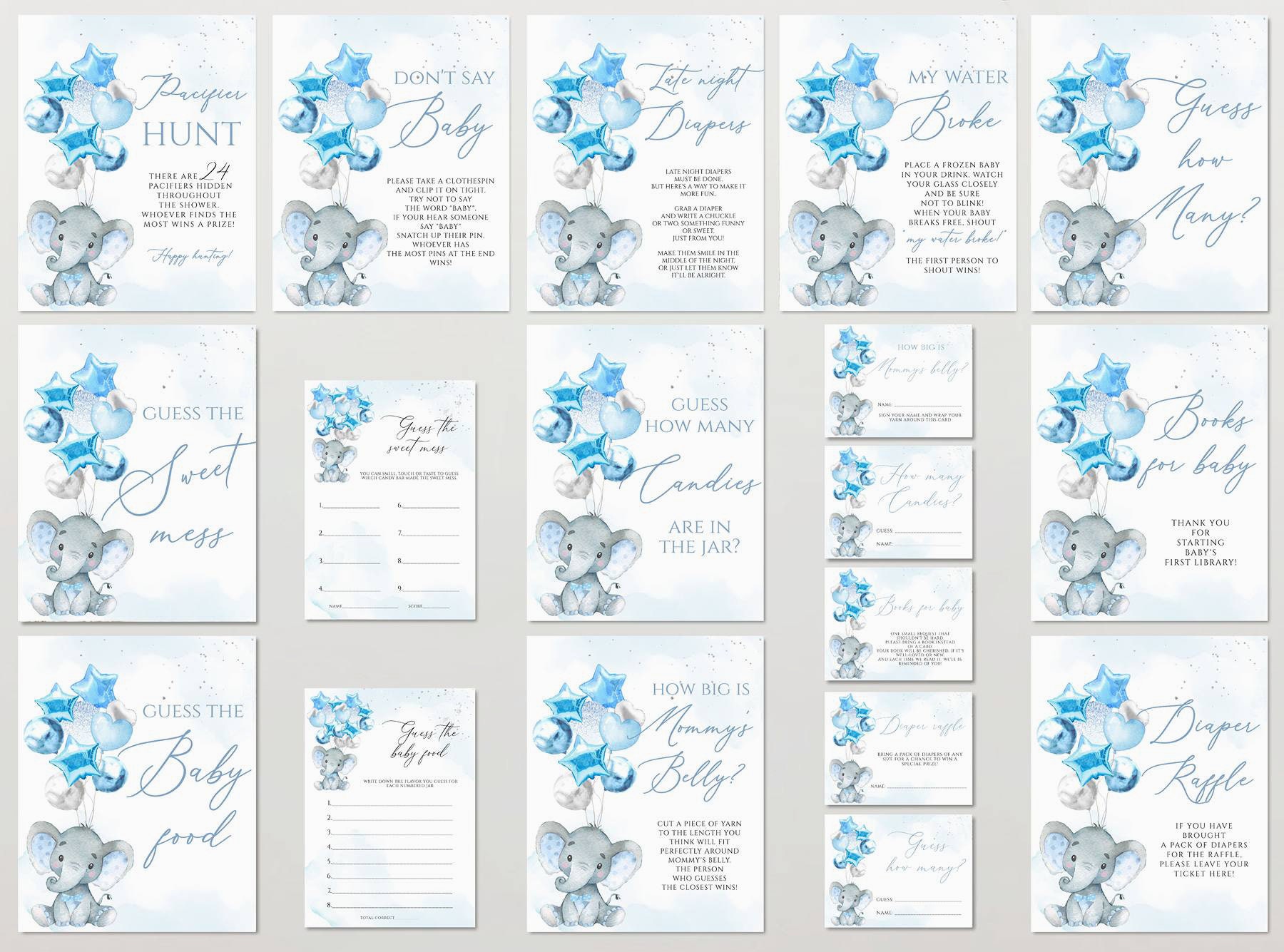 Editable Baby Shower Games Bundle Blue Elephant Instant - Etsy
