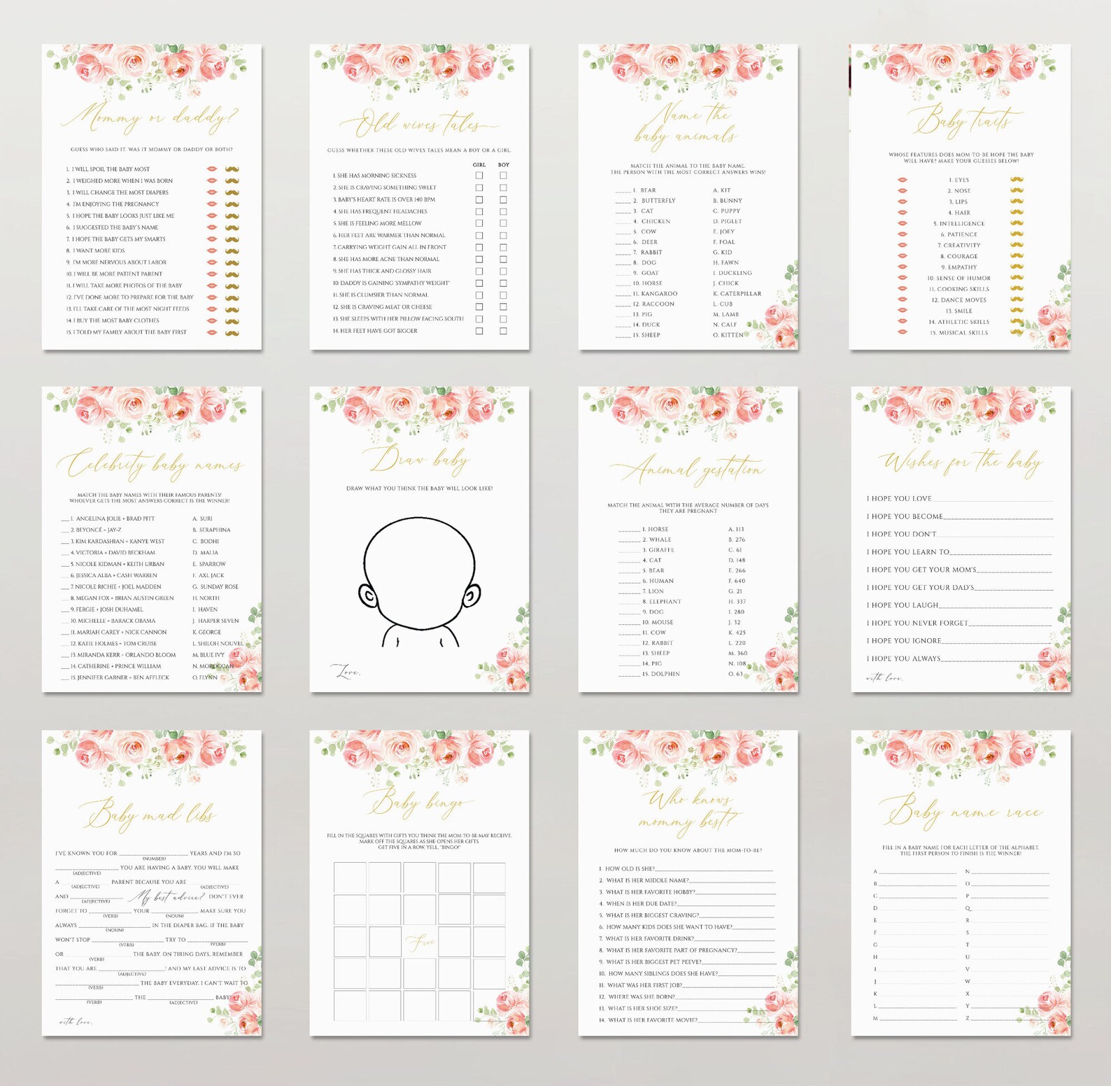 Blush Pink Floral Baby Shower Games Printable, Boho Baby Shower Game ...