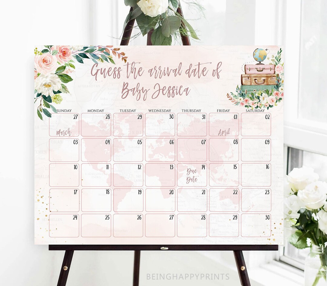 Adventure Awaits Baby Shower Calendar, World Map Theme (editable ...