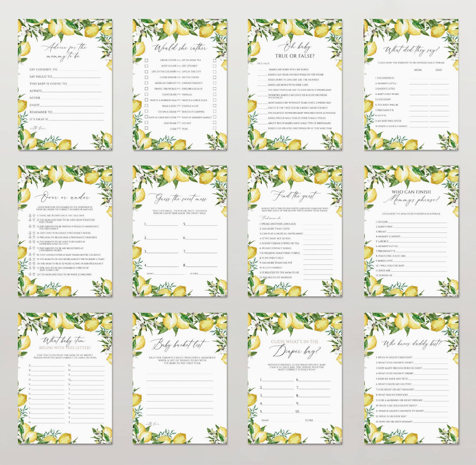 Lemon Baby Shower Games Bundle Printable Baby Shower Game - Etsy