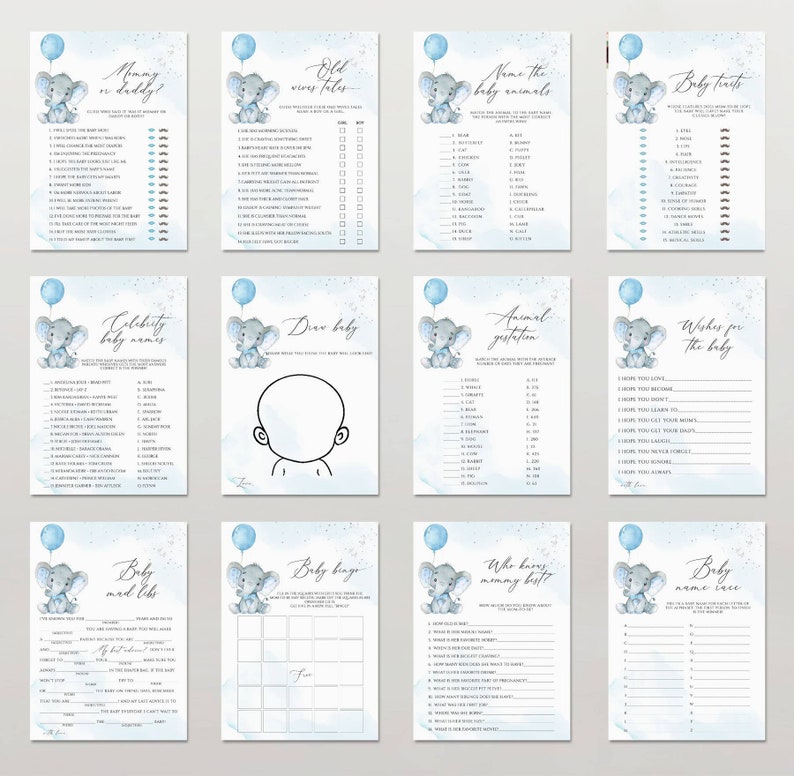 Elephant Baby Shower Games Bundle Blue Elephant Instant - Etsy