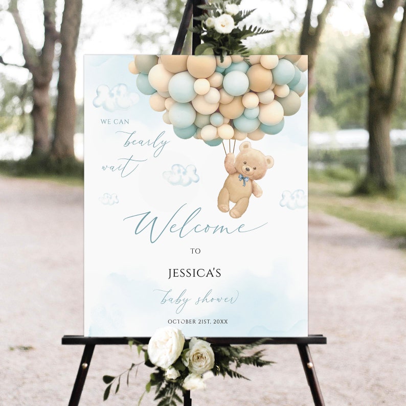 Editable Teddy Bear Baby Shower Welcome Sign, Blue Teddy Bear Baby ...