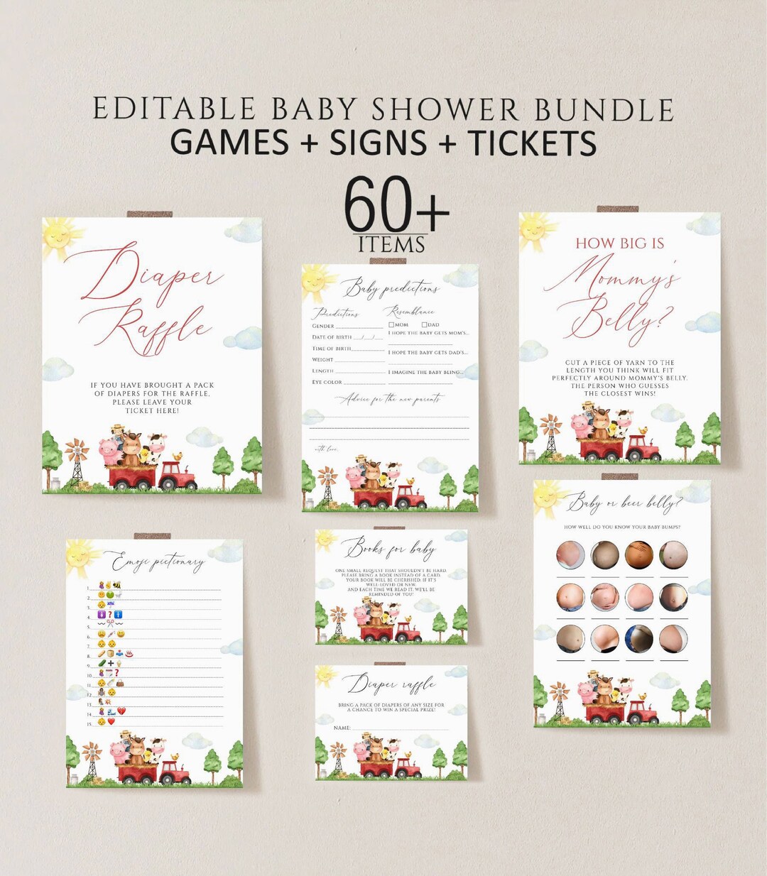 Farm Animal Baby Shower Games Bundle, Editable Baby Shower Games ...