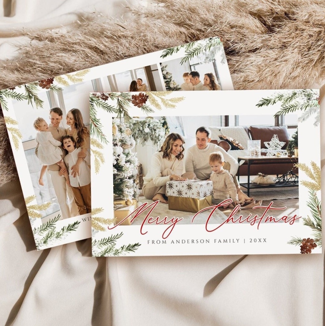 Christmas Card Template, Photo Holiday Cards, Xmas Photo Card, Pine ...
