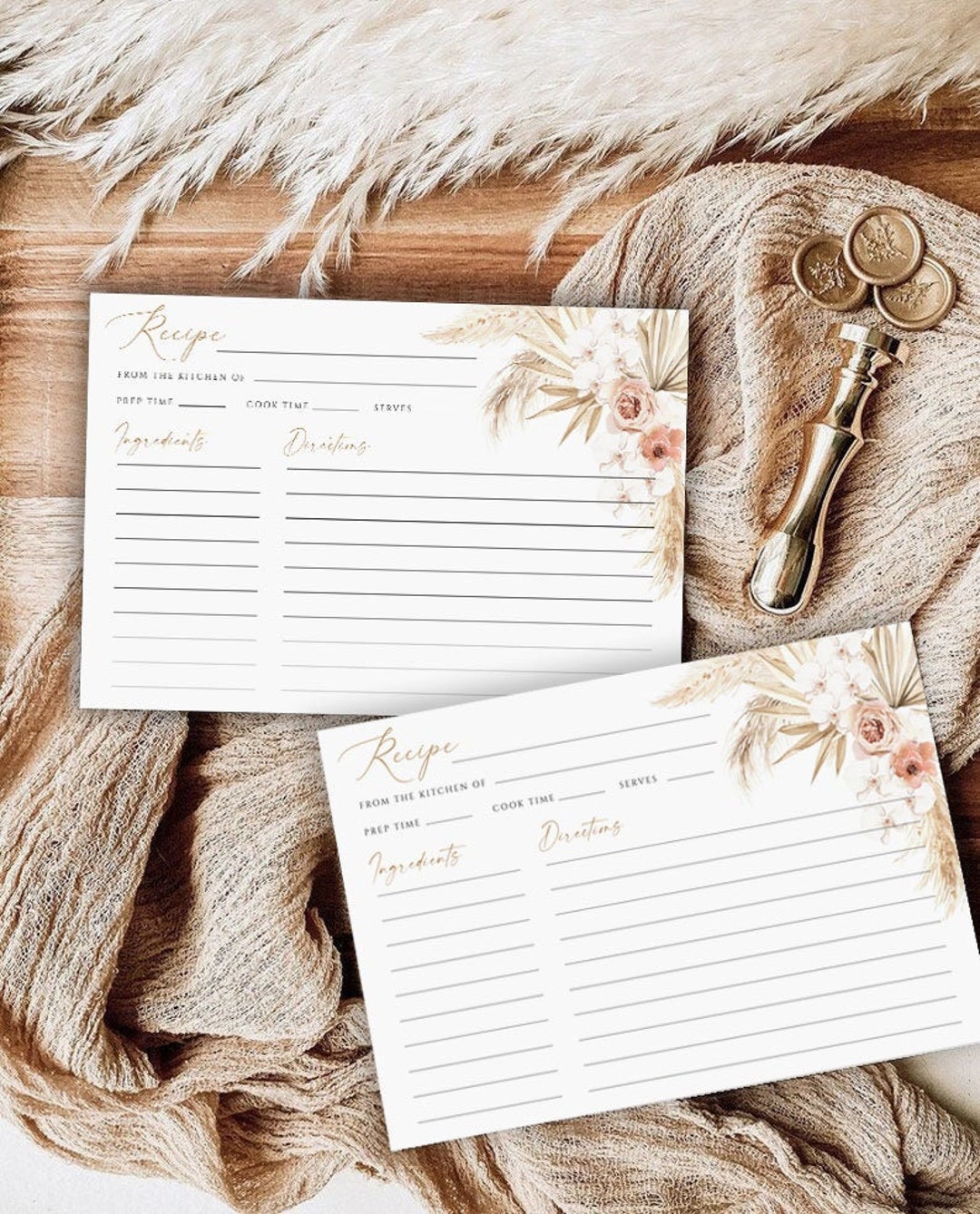 4x6 Boho Recipe Cards for Bridal Shower, Pampas Grass Recipe Card ...