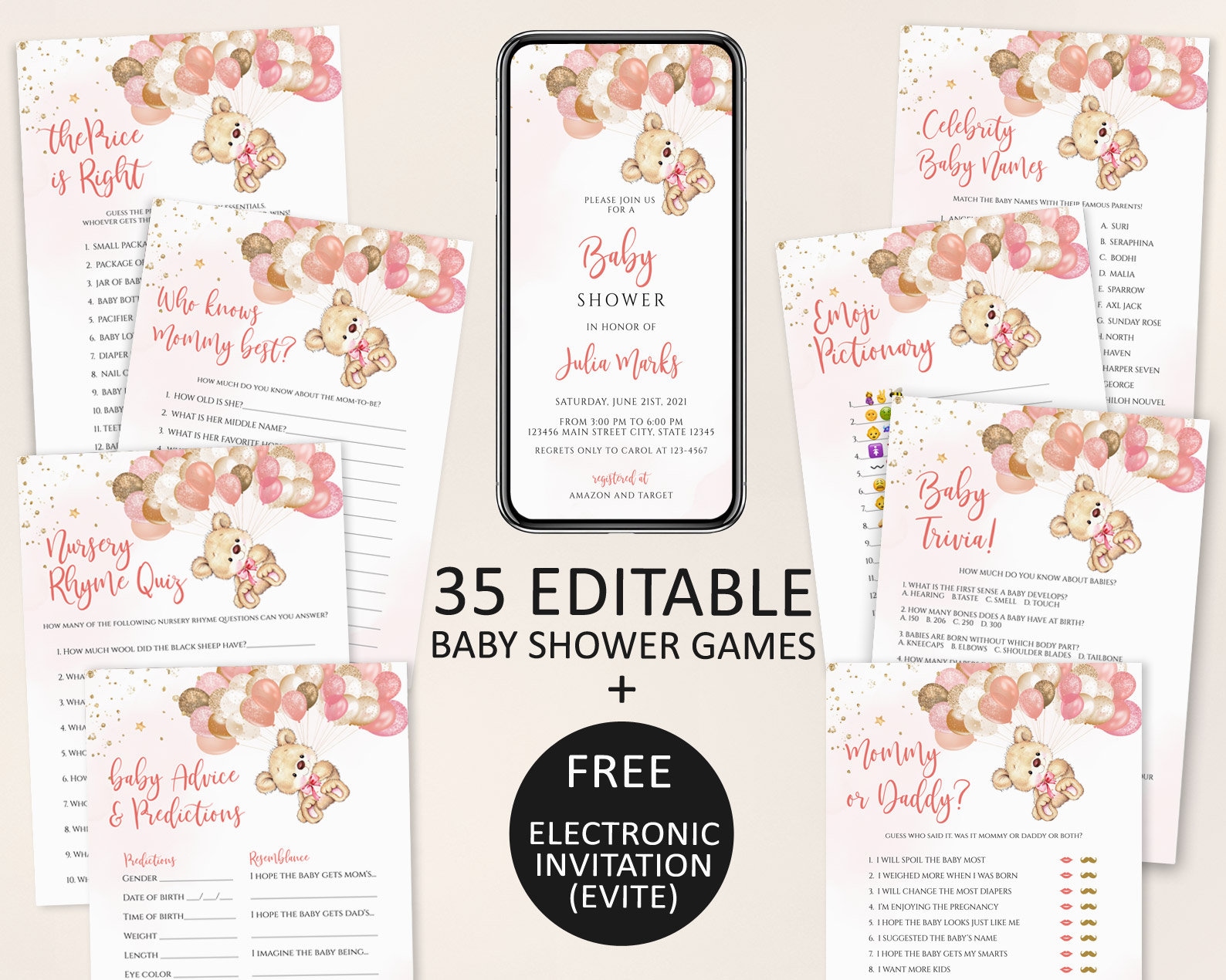 Teddy Bear Baby Shower Games, Girl Baby Shower Games Bundle, Pink ...