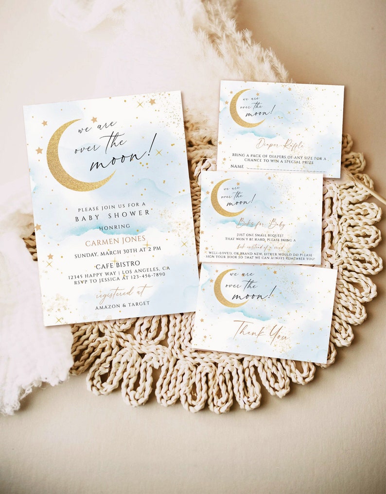 Editable Over the Moon Baby Shower Invitation Template Blue - Etsy