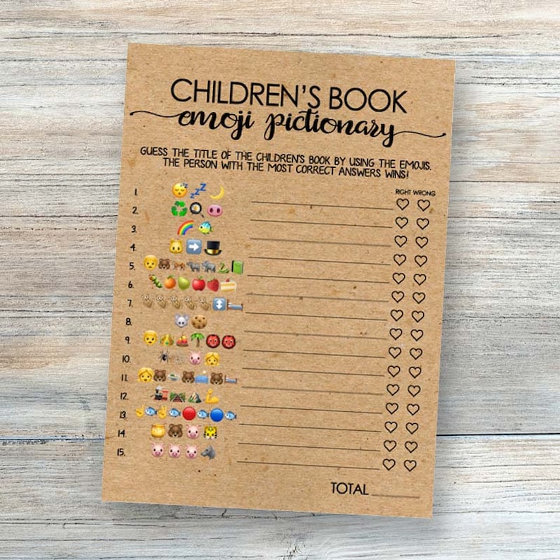 Rustic Childrens Book Emoji Game Baby Shower Emoji Pictionary Baby ...