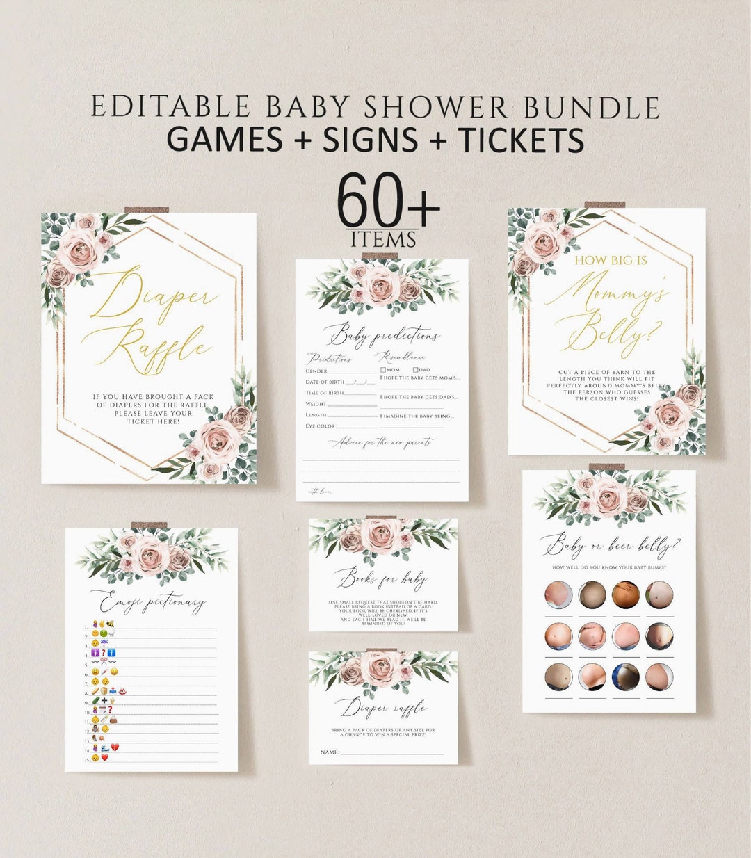 Dusty Rose Floral Baby Shower Games Bundle, Printable Baby Shower Games ...