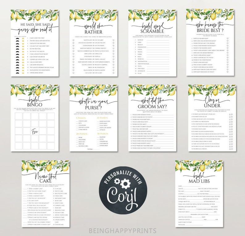 Lemon Bridal Shower Game Bundle Personalize Name and - Etsy
