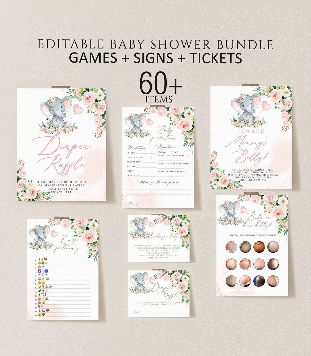 Pink Elephant Baby Shower Games Bundle, Floral, Editable (digital ...