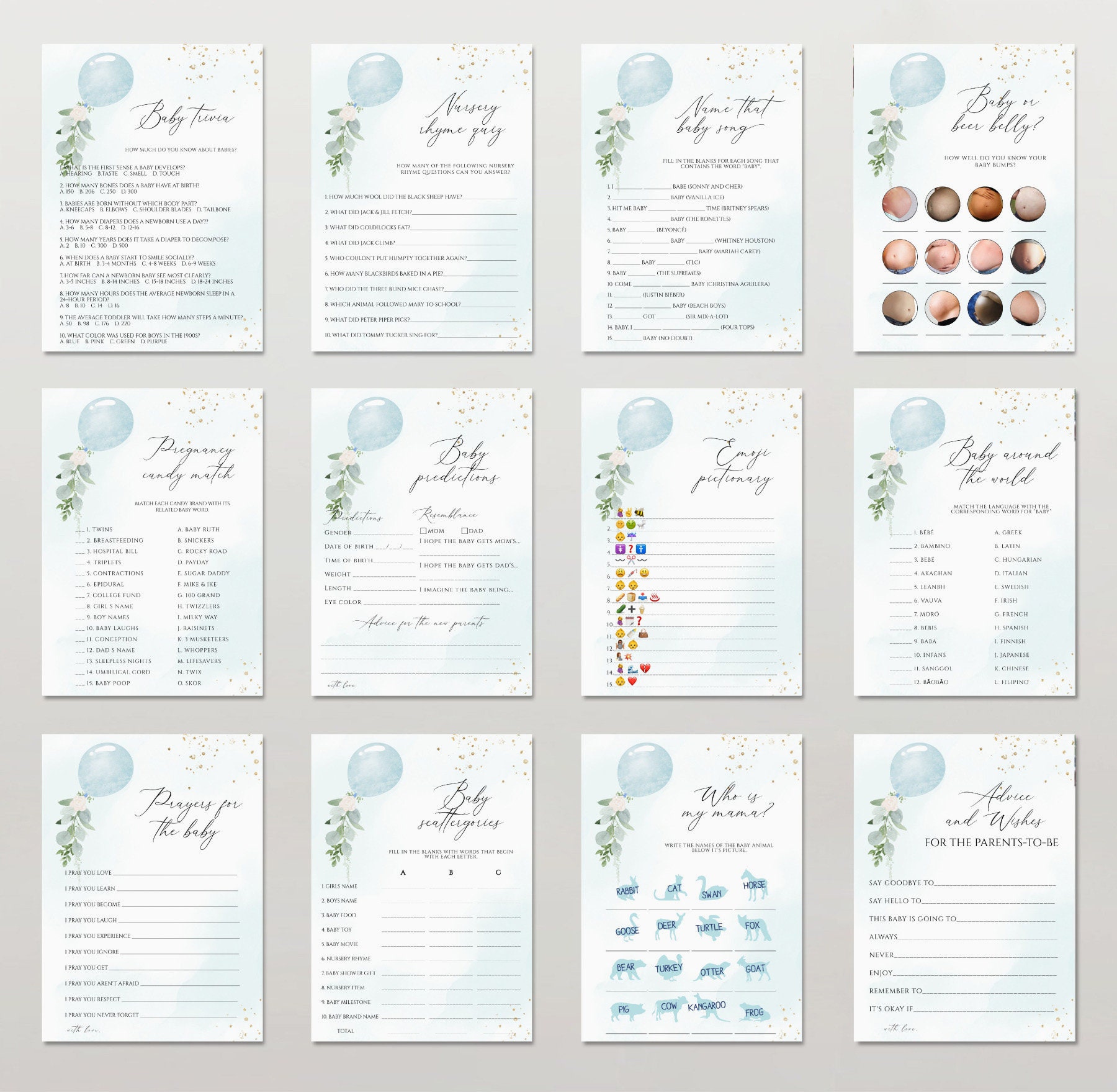 Blue Balloon Baby Shower Games Printable Boy Baby Shower - Etsy