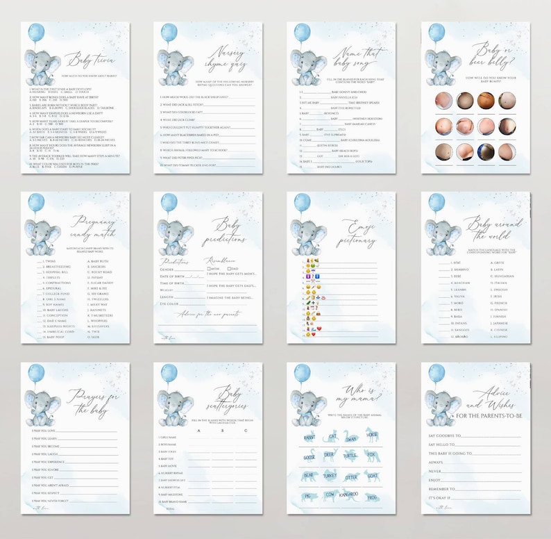 Elephant Baby Shower Games Bundle Blue Elephant Instant - Etsy