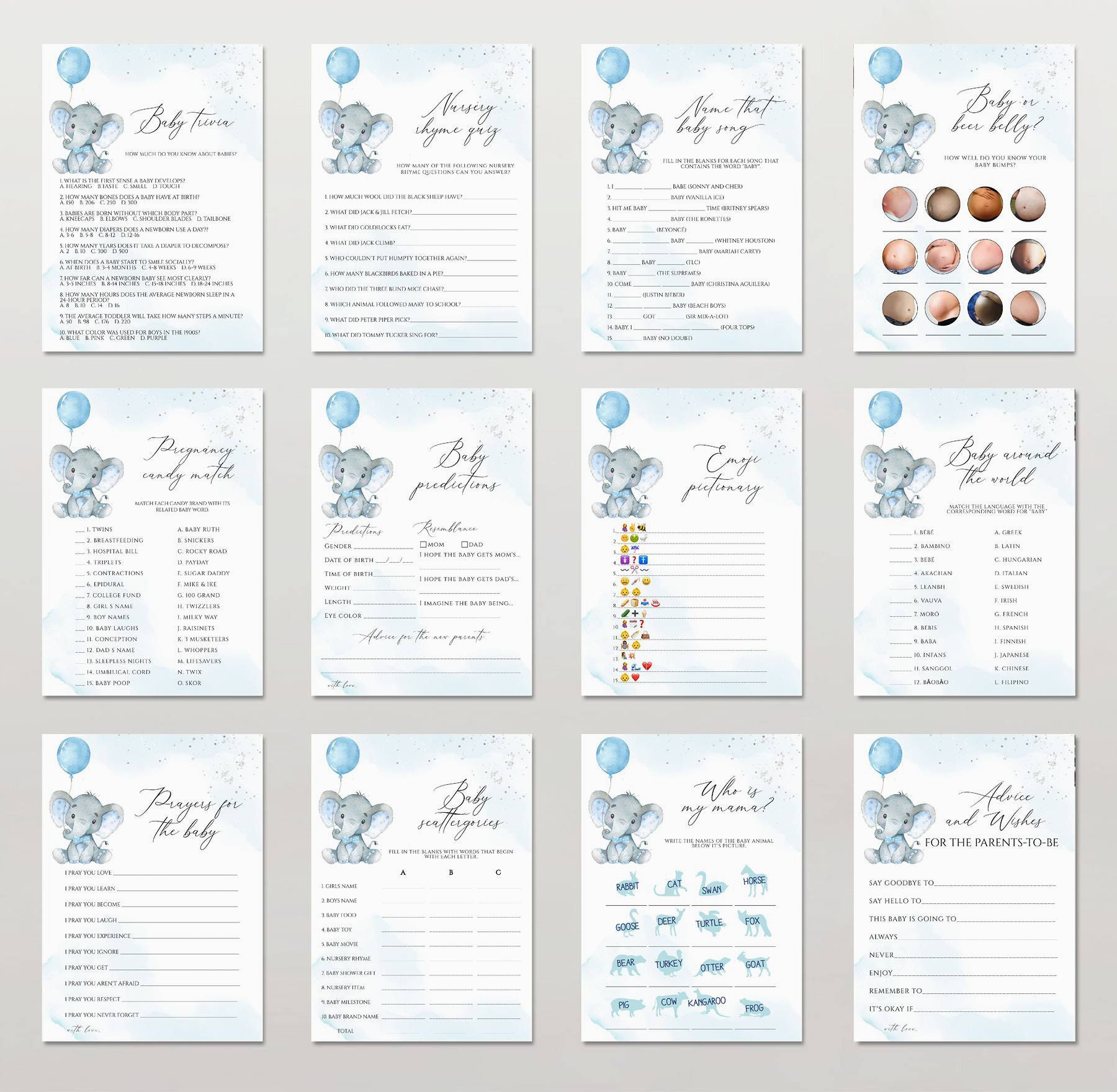 Elephant Baby Shower Games Bundle, Blue Theme (instant Download) - Etsy