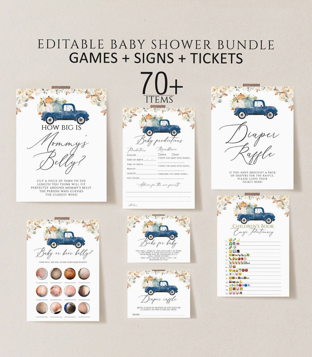 Blue Pumpkin Truck Baby Shower Games Bundle, Fall Baby Shower Games ...