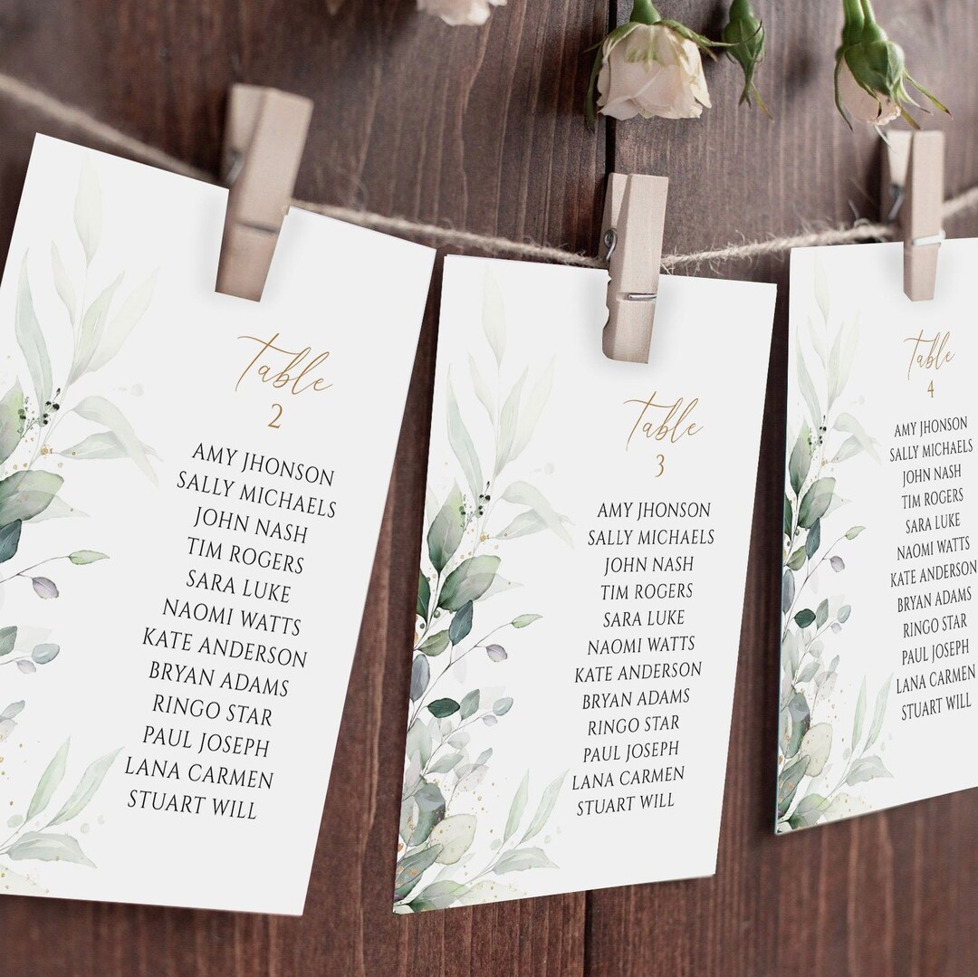 Greenery Seating Chart Card Template, Boho Wedding Seating Chart Cards ...