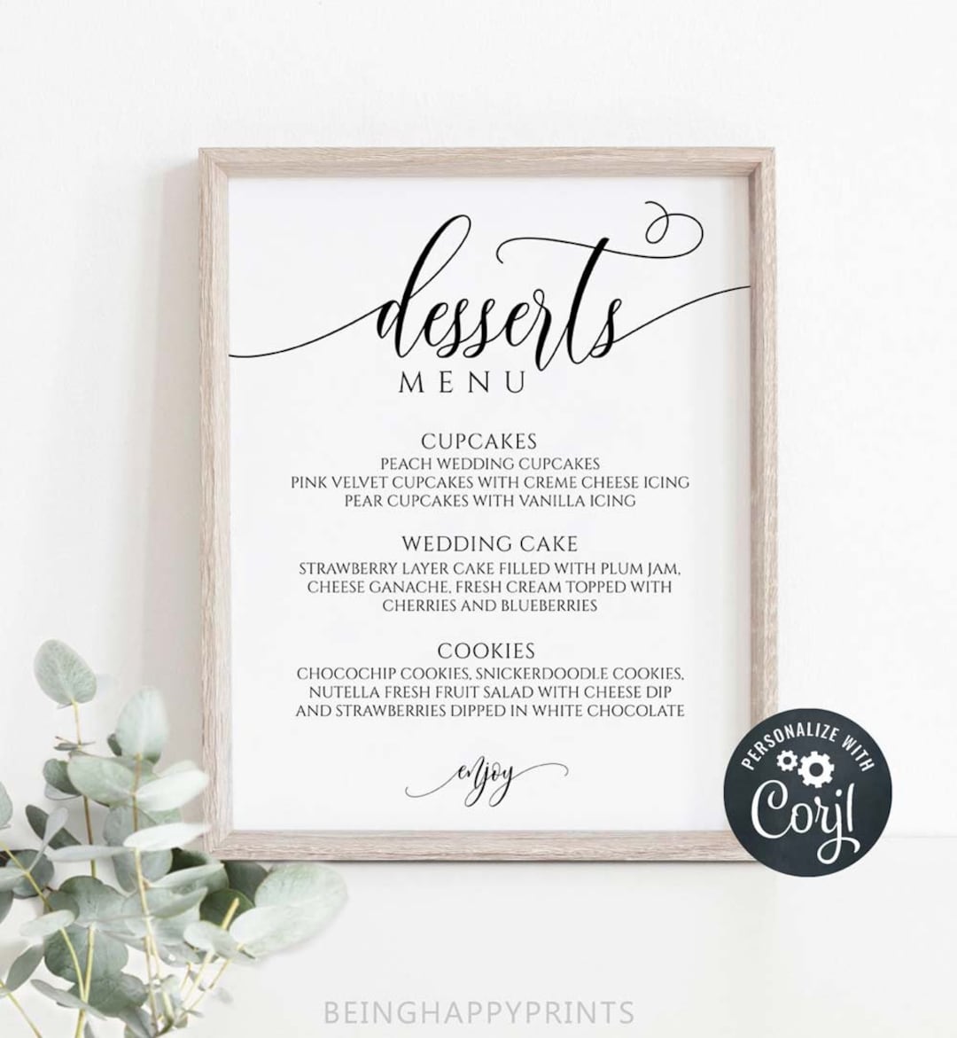 Dessert Menu Sign, Printable Desserts Sign Template, Printable Wedding ...