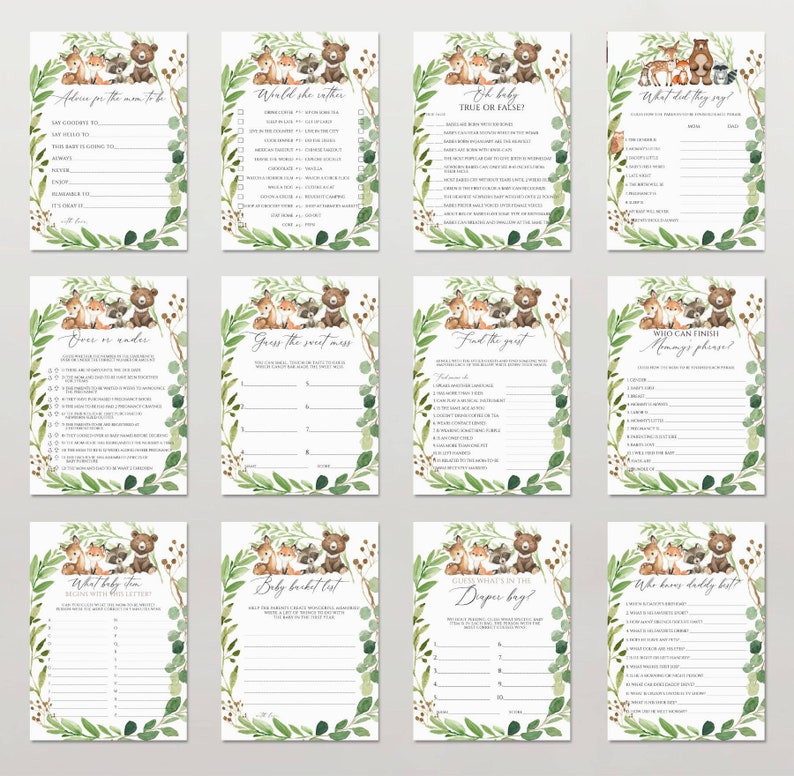 Woodland Baby Shower Games Bundle Woodland Animals Baby Shower | Etsy