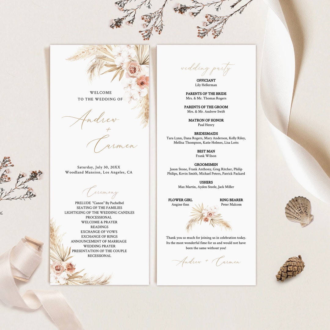 Boho Wedding Program Template, Modern Wedding Program, Pampas Grass ...