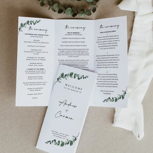 Trifold Wedding Programs With Eucalyptus, Folded Boho Ceremony Template, Rustic Greenery Folded ...