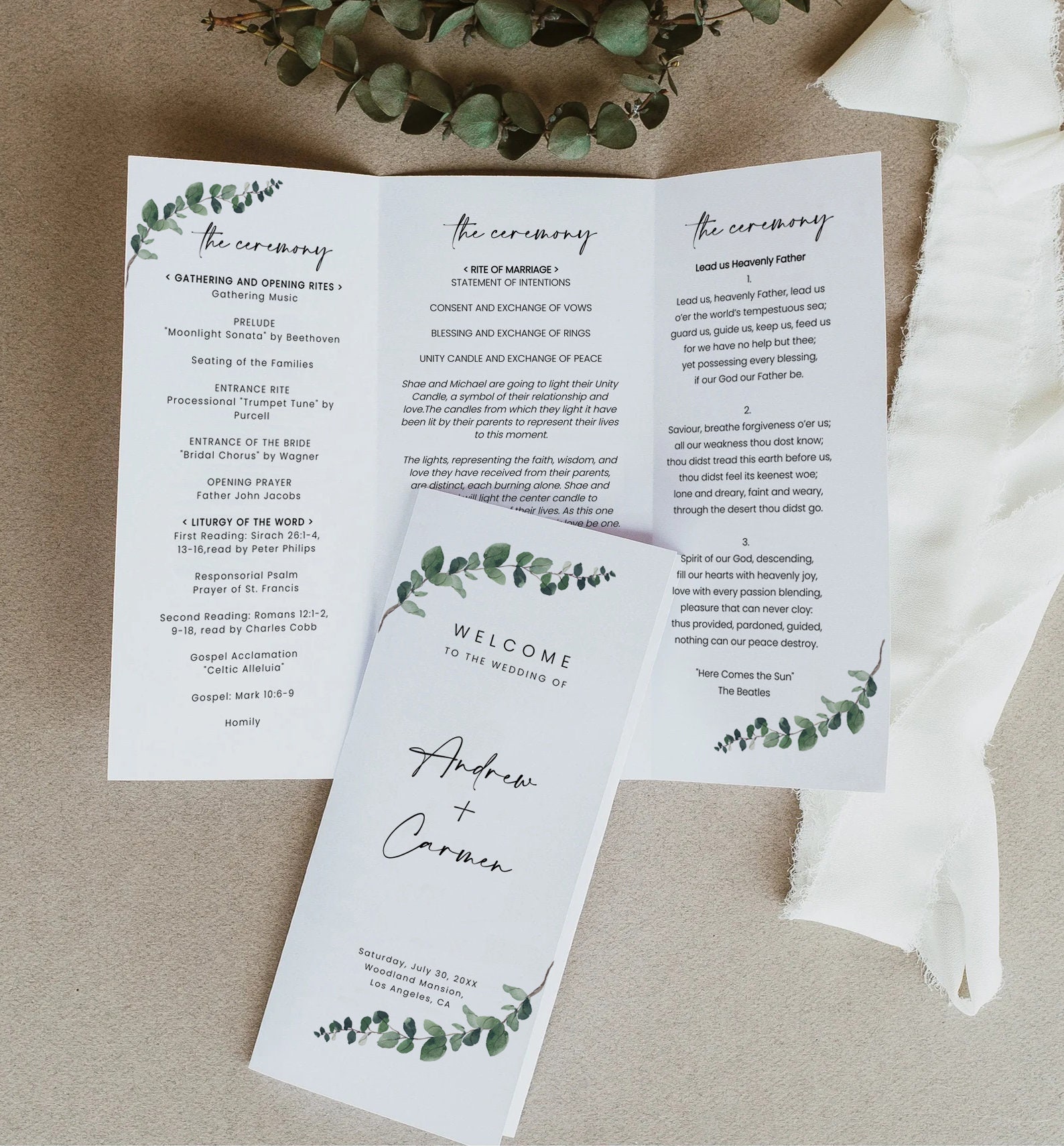 Trifold Wedding Programs With Eucalyptus Folded Boho Ceremony - Etsy